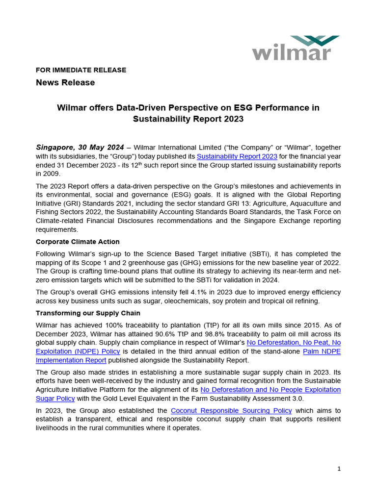 Wilmar Releases Sustainability Report 2023 | PDF | Sustainability | Natural Environment