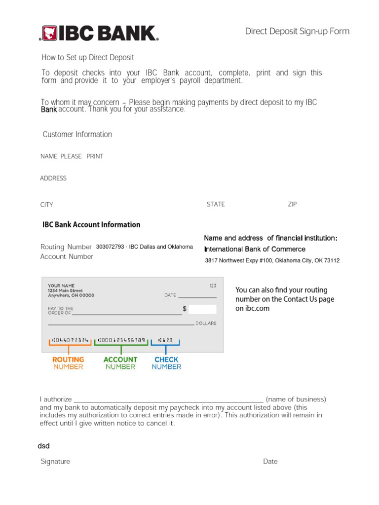 IBC Bank Direct Deposit Sign-up Form | PDF | Paycheck | Banks
