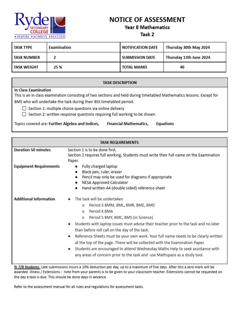 2024 Yr8 Maths Task 2 Notice of Assessment | PDF | Mathematics | Knowledge