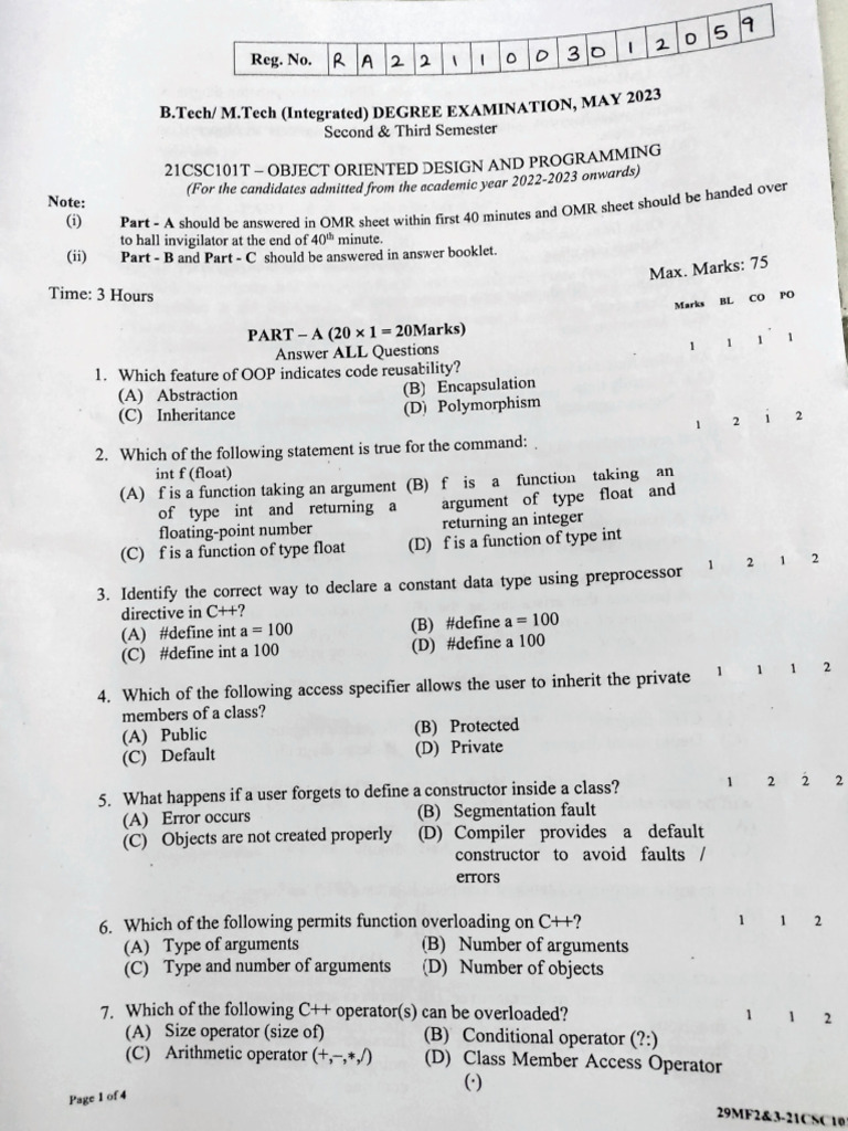 21CSC101T May 2023 | PDF | Class (Computer Programming) | C++