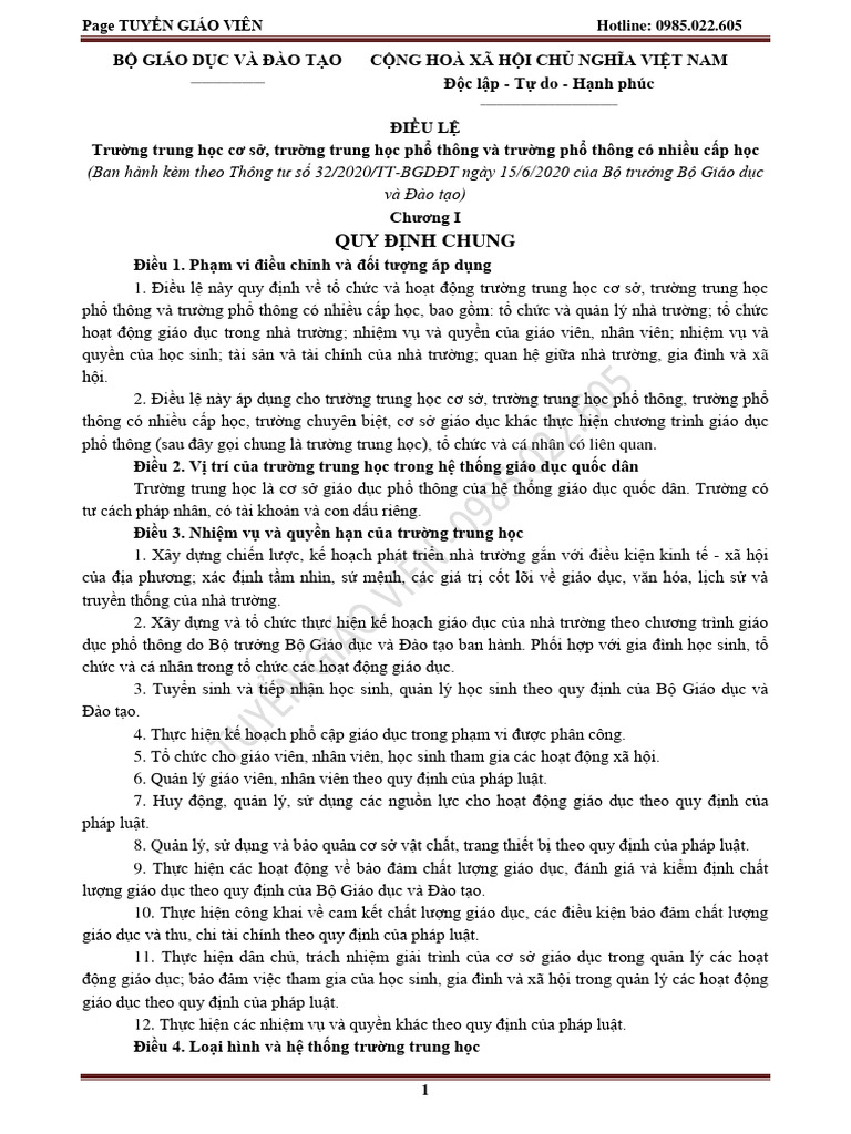 ĐIỀU LỆ TRƯỜNG THCS- THPT | PDF
