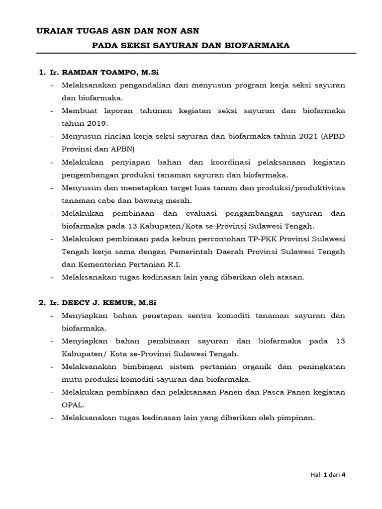 Uraian Tugas Asn Dan Non Asn Seksi | PDF