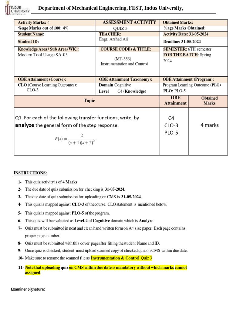 Analyze: Q1. For Each of The Following Transfer Functions, Write, by The General Form of The ...
