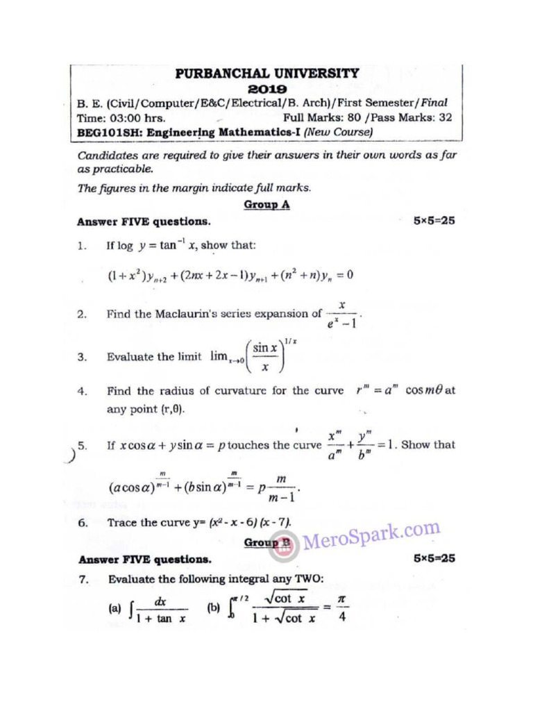 Engineering Mathematics-I - BE Question Paper 2019 - Merospark - Com | PDF