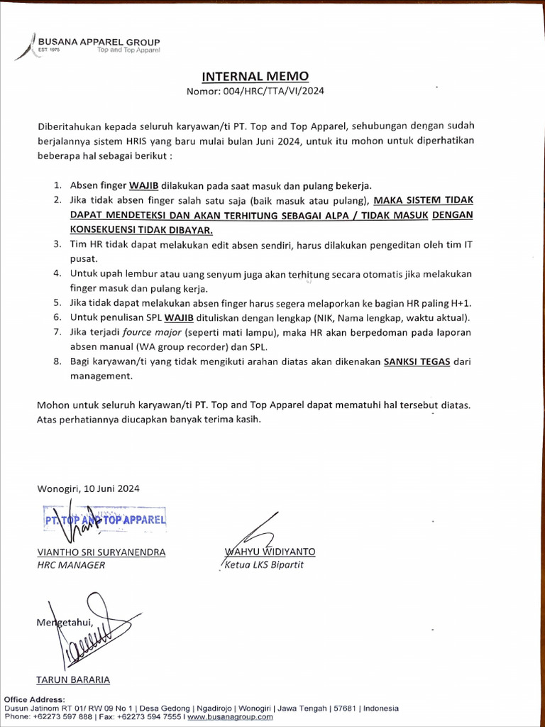 Internal Memo Absen | PDF