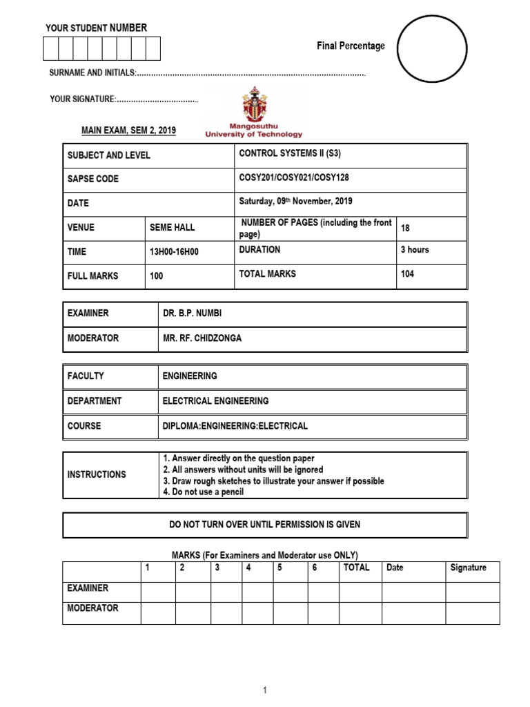 MAIN EXAM-SEM2-2019-Control Systems II | PDF | Control Theory | Electrical Engineering