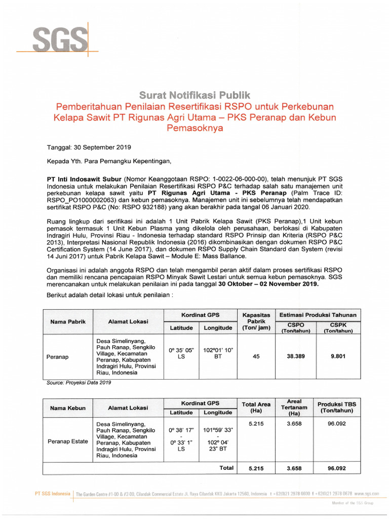 Public Notification RA2019 - PT Rigunas Agri Utama - Peranap POM (Bahasa) Rev01 | PDF