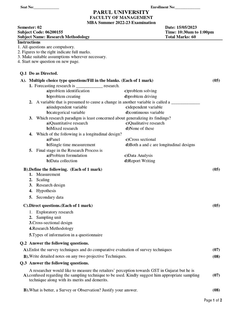 MBA Research Methodology Exam Paper | PDF | Survey Methodology ...