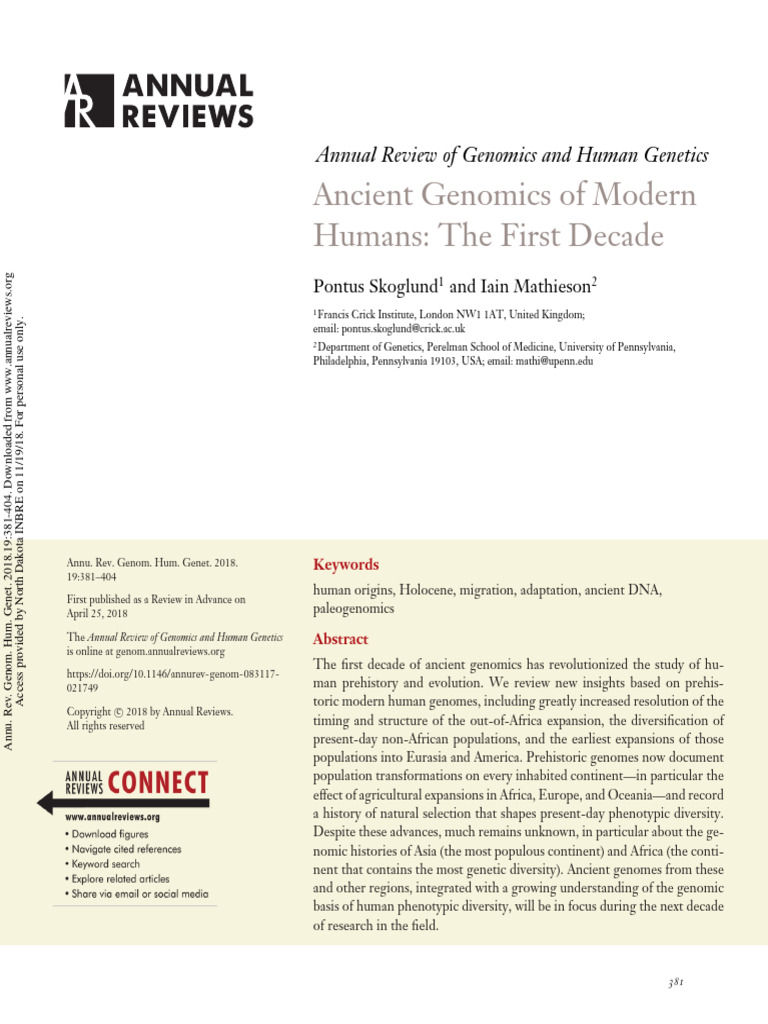 Skoglund and Mathieson - Ancient Genomics of Modern Humans - The First Decade | Download Free ...