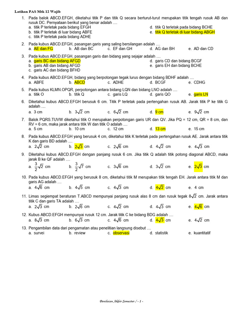 Latihan PAS MTK 12 Wajib - Kunci | PDF