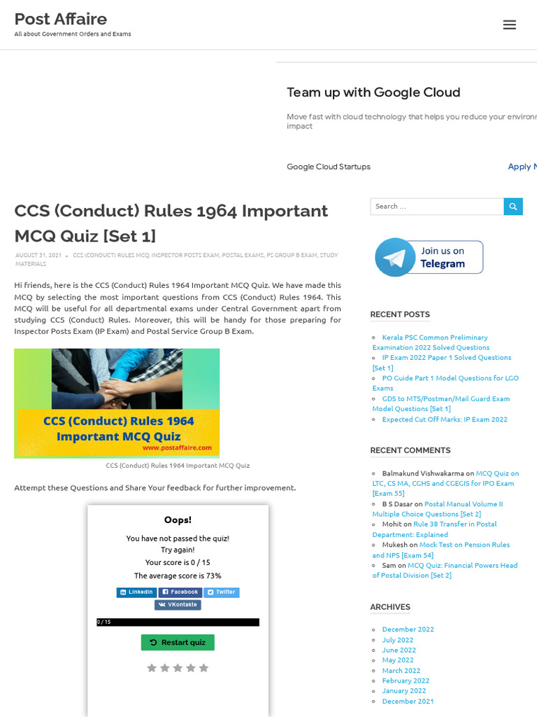 CCS (Conduct) Rules 1964 Important MCQ Quiz (Set 1) - Post Affaire ...