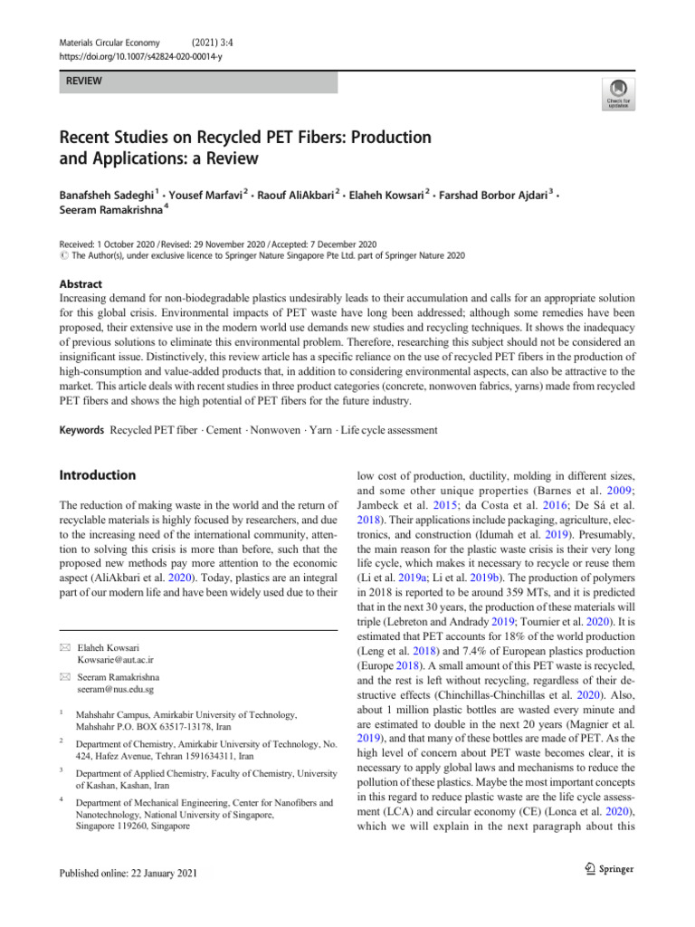 Recent Studies On Recycled PET Fibers Production and Applications - A ...