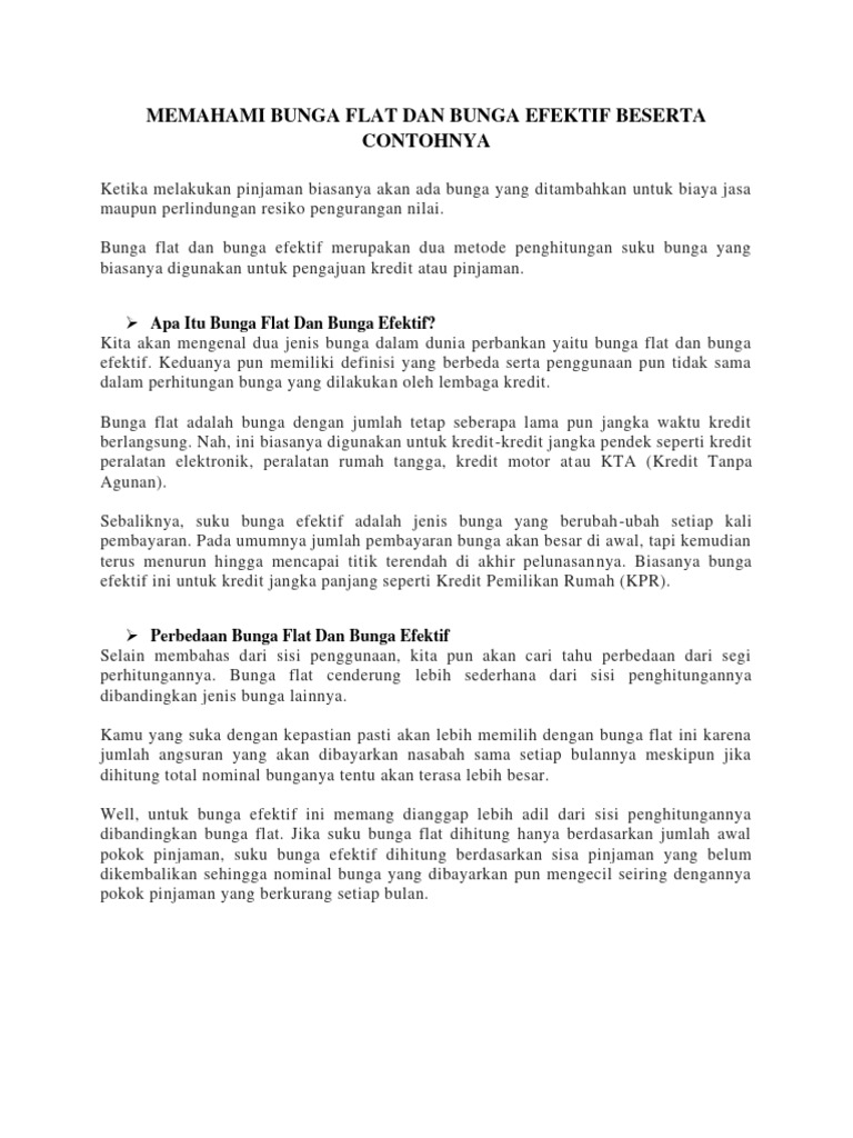 Memahami Bunga Flat Dan Bunga Efektif Beserta Contohnya | PDF