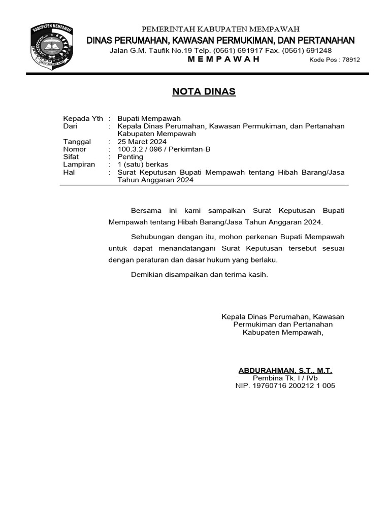 Nota Dinas SK Hibah 2024 | PDF