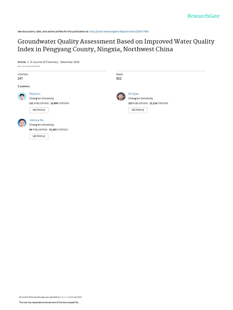 Groundwater Quality Assessment Based On Improved Water Quality Index In Pengyang County Ningxia