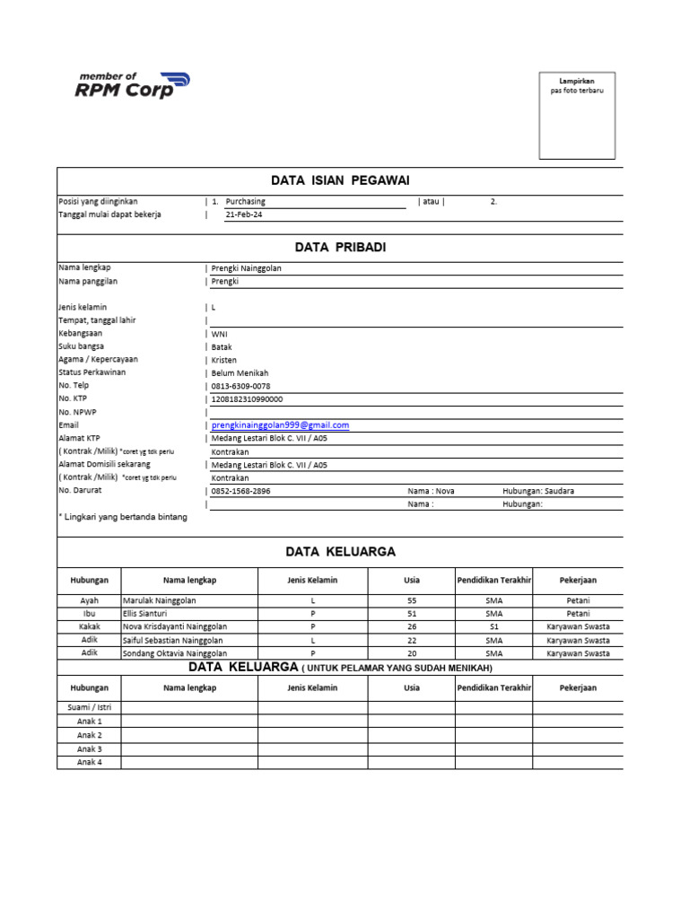 Form Calon Karyawan RPK - Prengki Nainggolan | PDF
