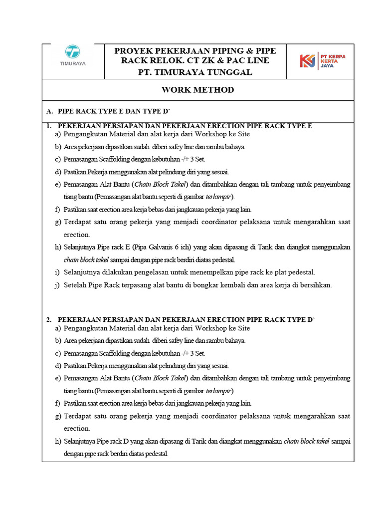 METODE PEKERJAAN Erection Pipe Rack RELOK. CT ZK & PAC LINE | PDF