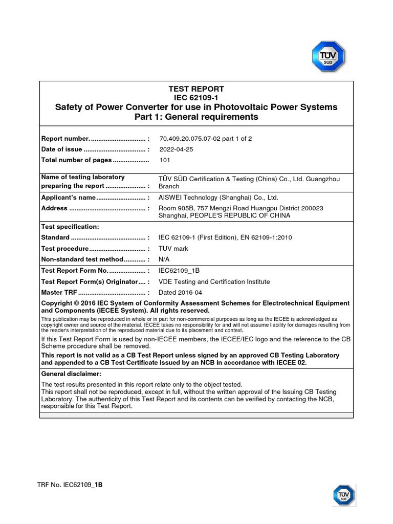 TR - IEC62109 1 - ASW3 20K LT G2 Pro 704092007507 02TRF - TUV MARK - CE - E - Part 1 1 ...