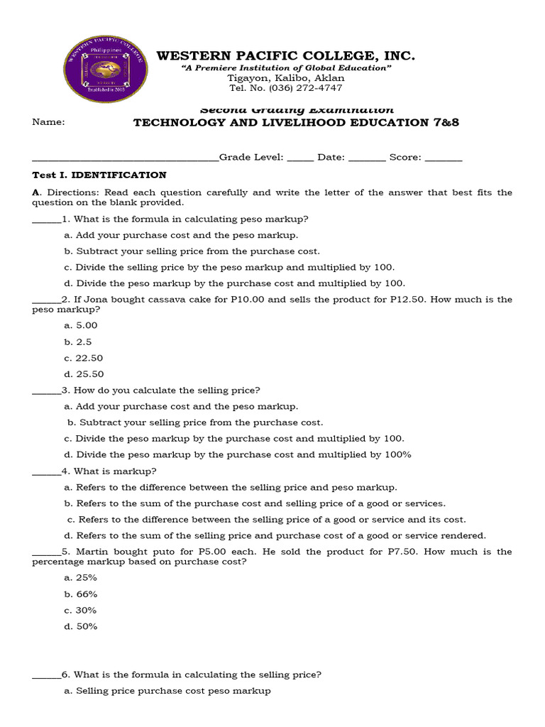 Tle 7&8 .Exam | PDF | Financial Economics | Business Economics