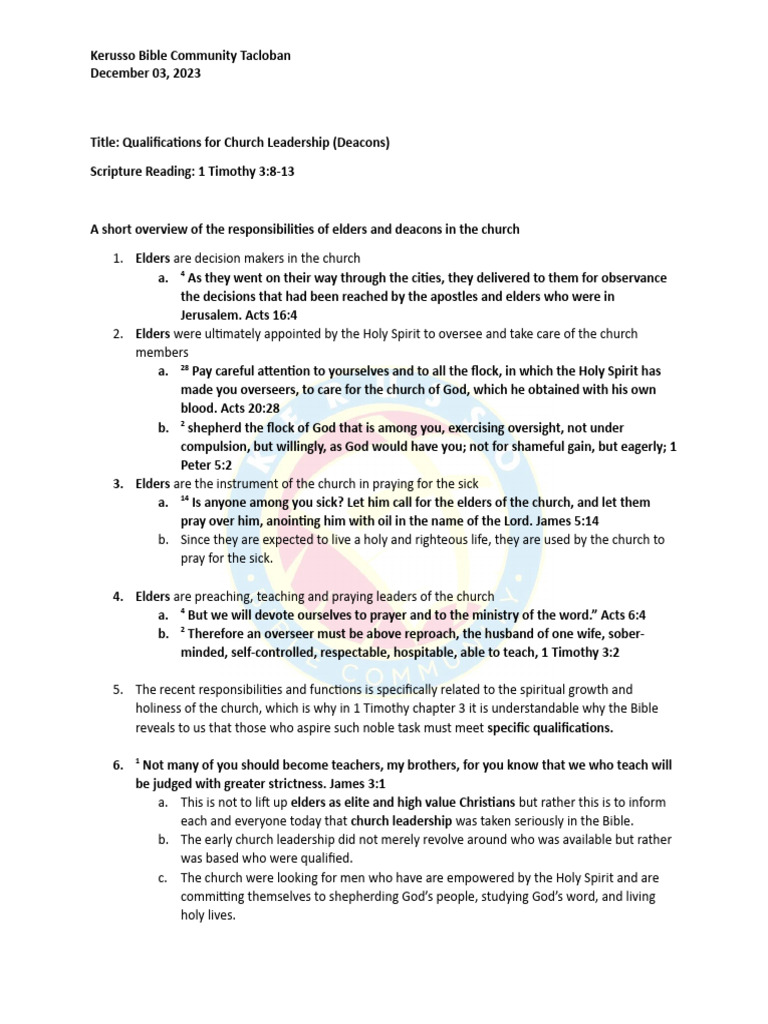 1 Timothy 3-8,13 Overview | PDF | Elder (Christianity) | Theology