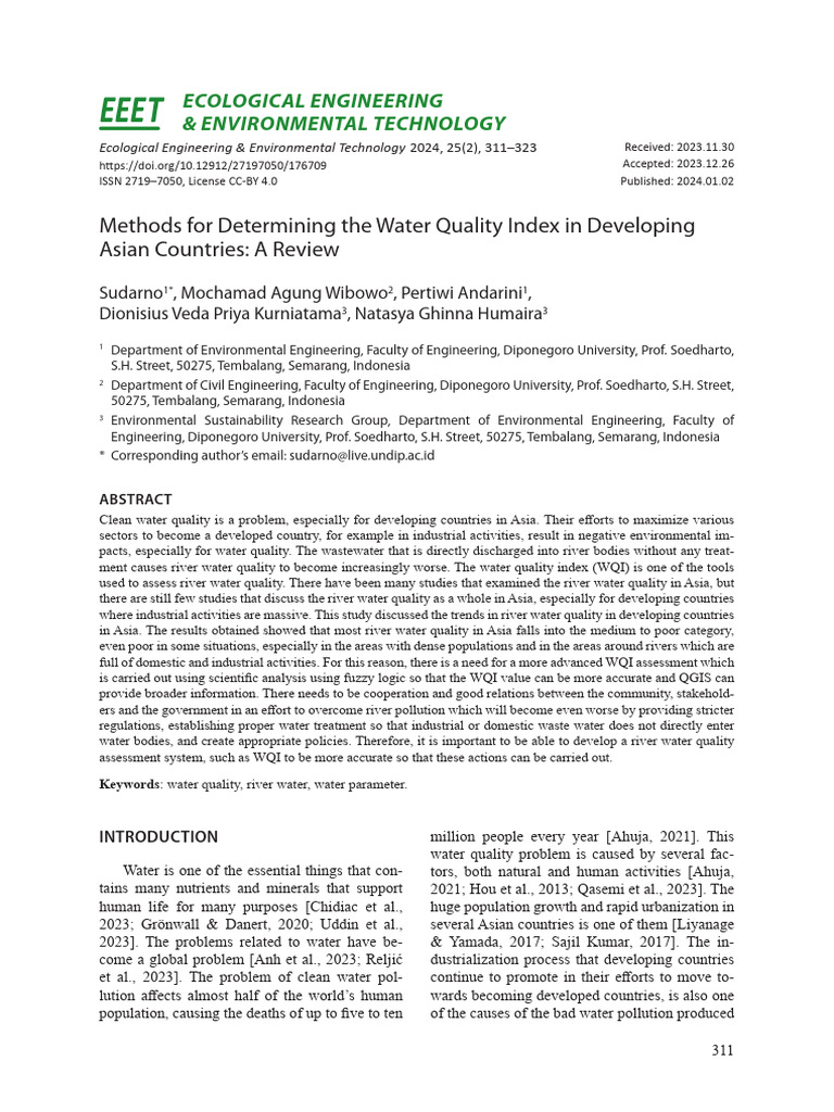 2024 - Methods For Determining The Water Quality Index in Developing ...