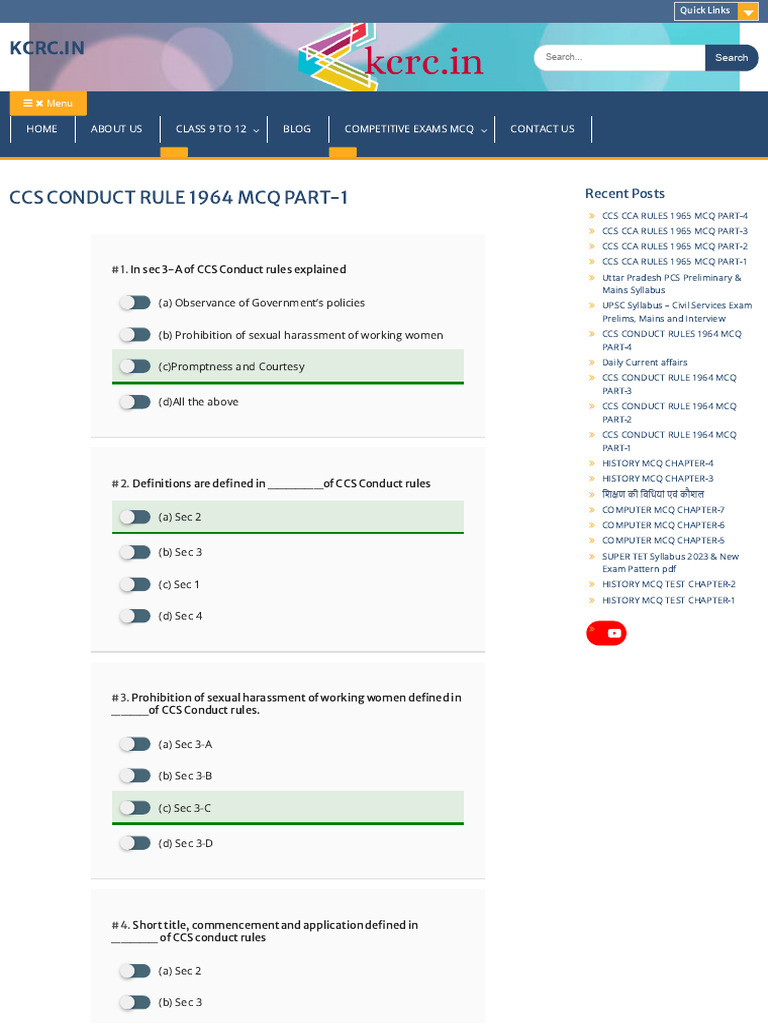 CCS Conduct Rule 1964 MCQ Part-1 - KCRC - in | PDF | Justice | Crime ...