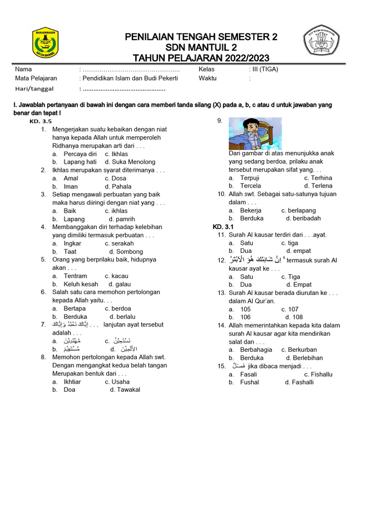 Soal PTS Kelas 3 Pai Sem 2 | PDF
