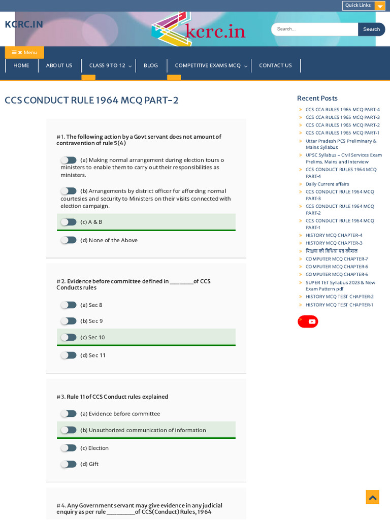 CCS Conduct Rule 1964 MCQ Part-2 - KCRC - in | PDF | Governance | Justice