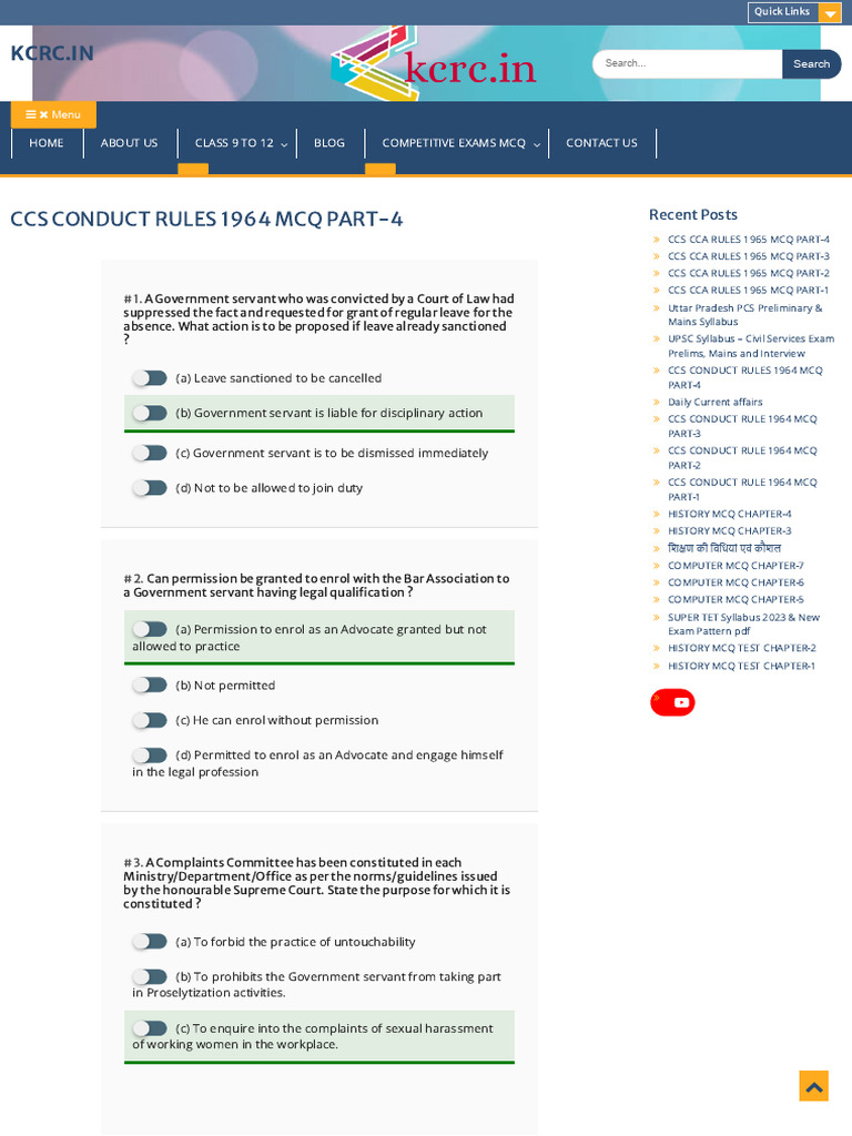 CCS Conduct Rules 1964 MCQ Part-4 - KCRC - in | PDF | Strike Action ...