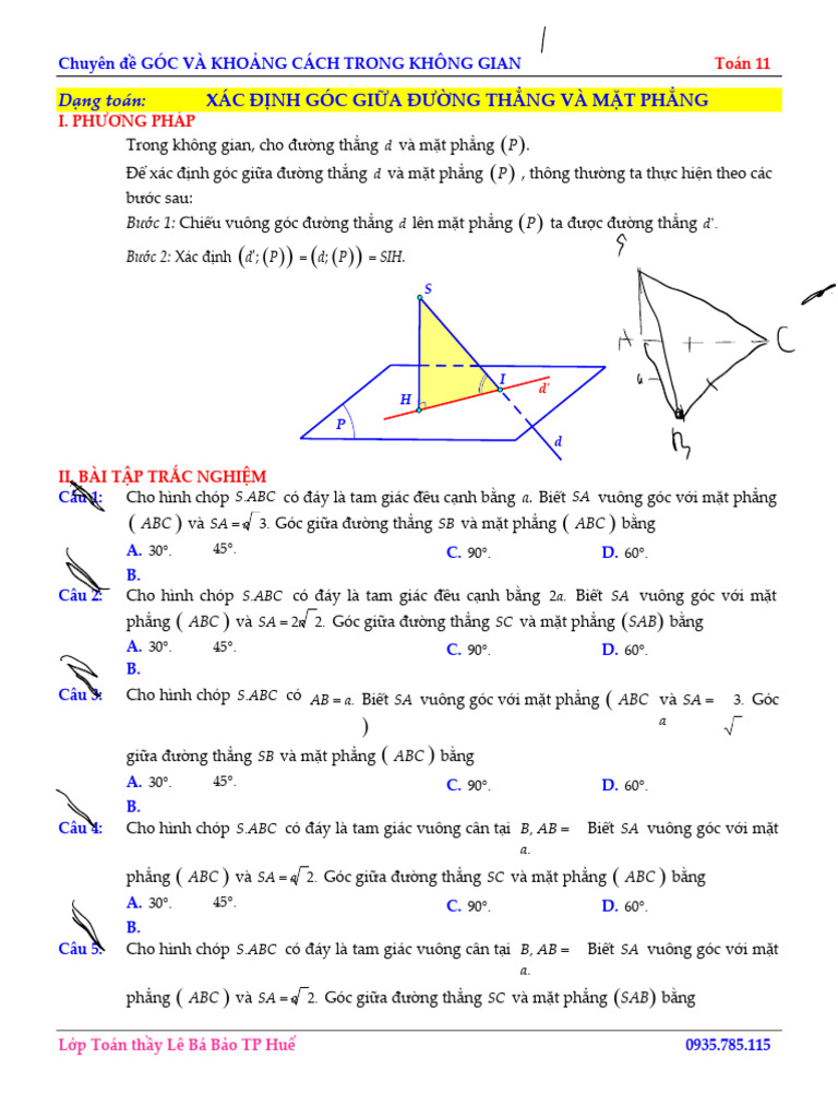 Dang Toan Xac Dinh Goc Giua Duong Thang Va Mat Phang Toan 11 | PDF