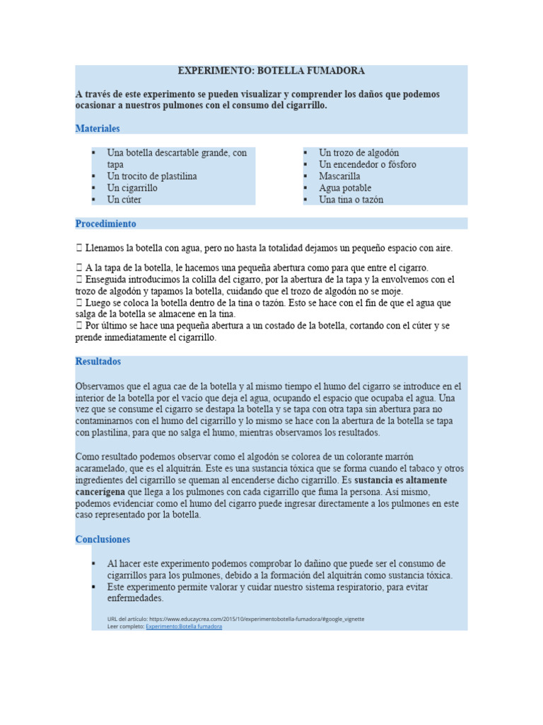 Experimento Botella Fumadora | PDF | Cigarrillo | Determinantes de la salud