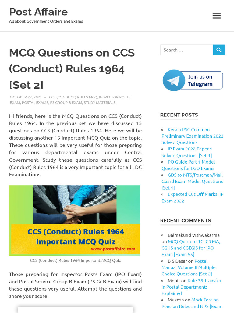 MCQ Questions On CCS (Conduct) Rules 1964 (Set 2) - Post Affaire | PDF ...