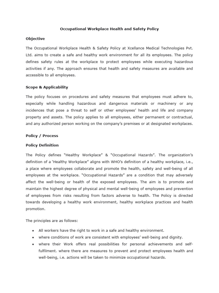 Occupational Workplace Health and Safety Policy | PDF | Occupational ...