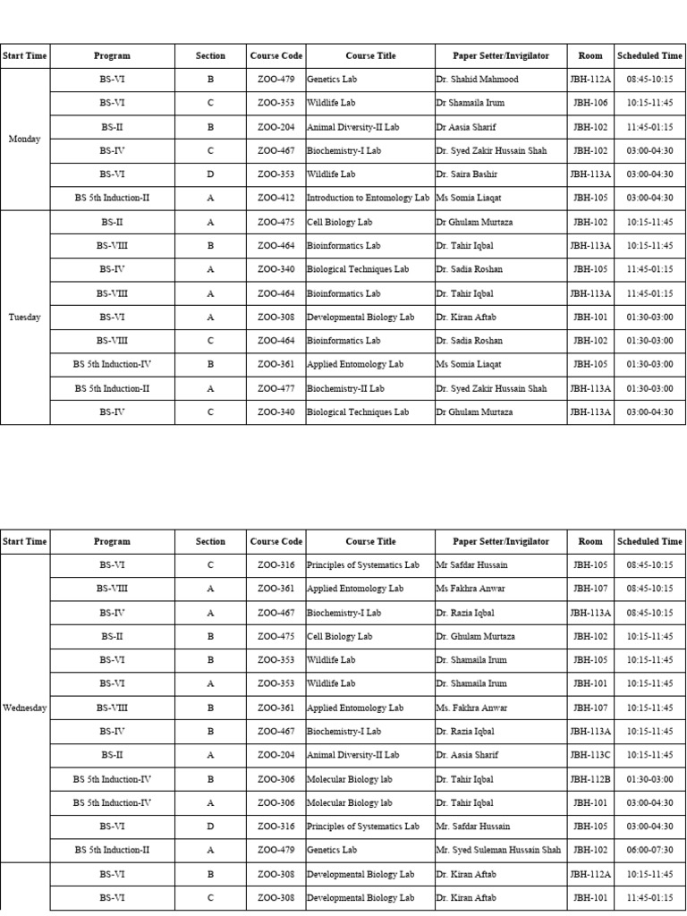 Weekly Lab Schedule for Zoology Courses | PDF | Nature | Natural Sciences