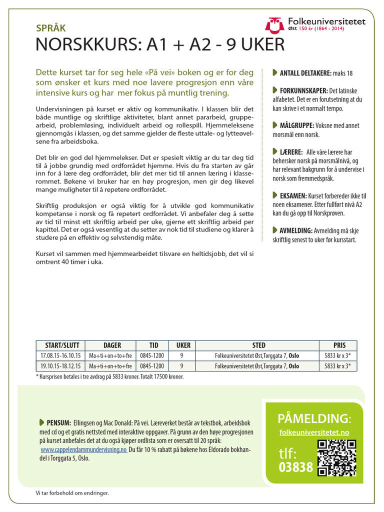 Norskkurs A1+A2 - 9 Uker Høst 2015 | PDF
