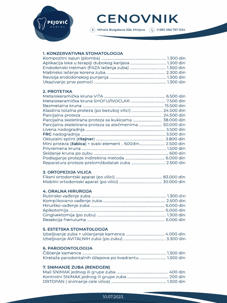 Pejovic Dental Cenovnik | PDF