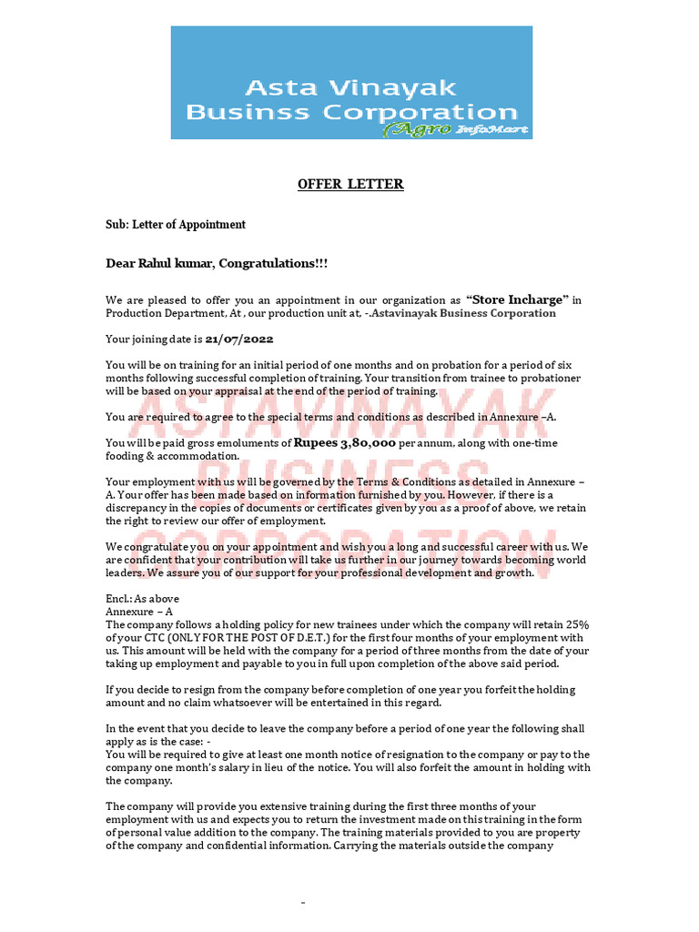 Appointment Letter for Store Incharge | PDF | Employment | Salary
