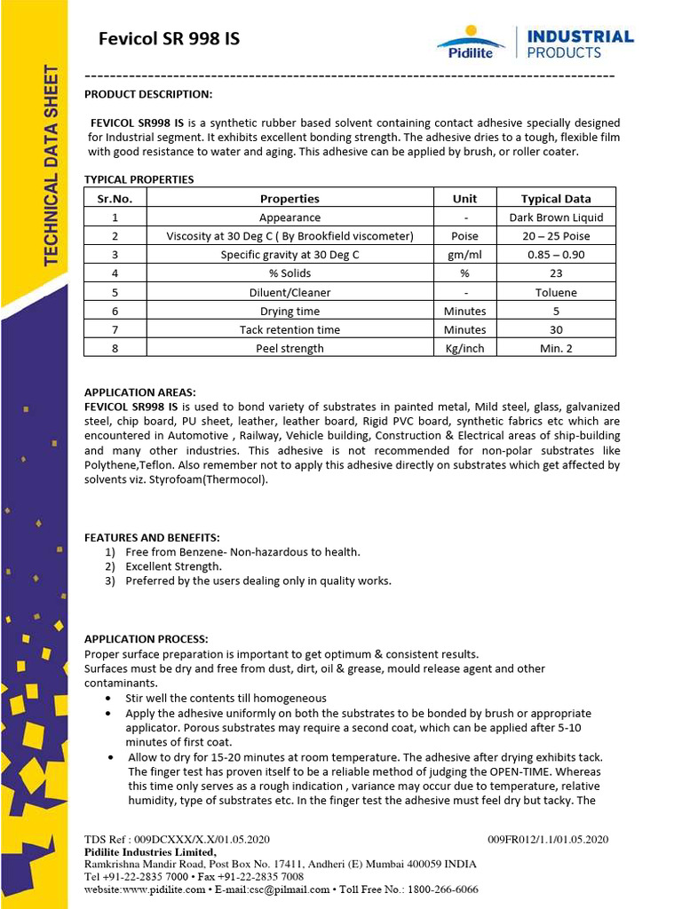 Fevicol SR 998 Is Rubber Based Adhesives | PDF | Adhesive | Industrial ...