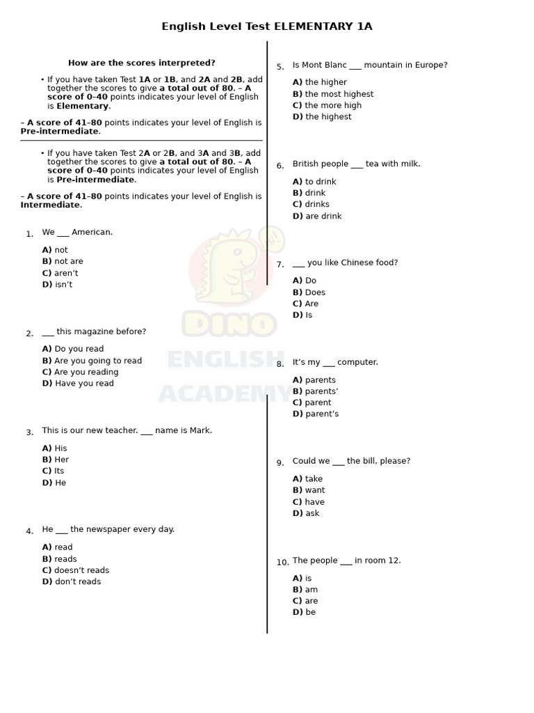 A1_elementary-a1 TEST | PDF