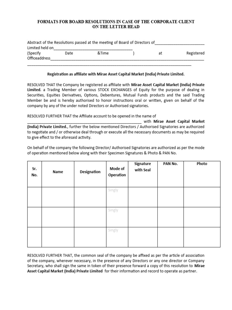 Board Resolution For Corporate Clients | PDF | Stocks | Securities ...