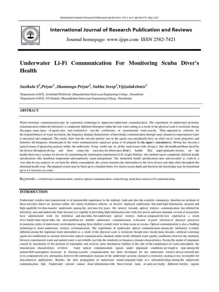 Underwater Li-Fi Communication For Monitoring Scuba Diver's health | PDF | Scuba Diving | Arduino