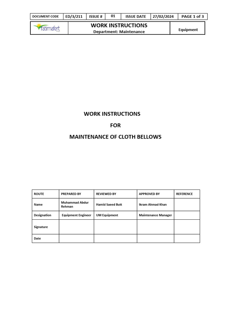 Work Instruction Maintenance of Cloth Bellows | PDF | Personal ...