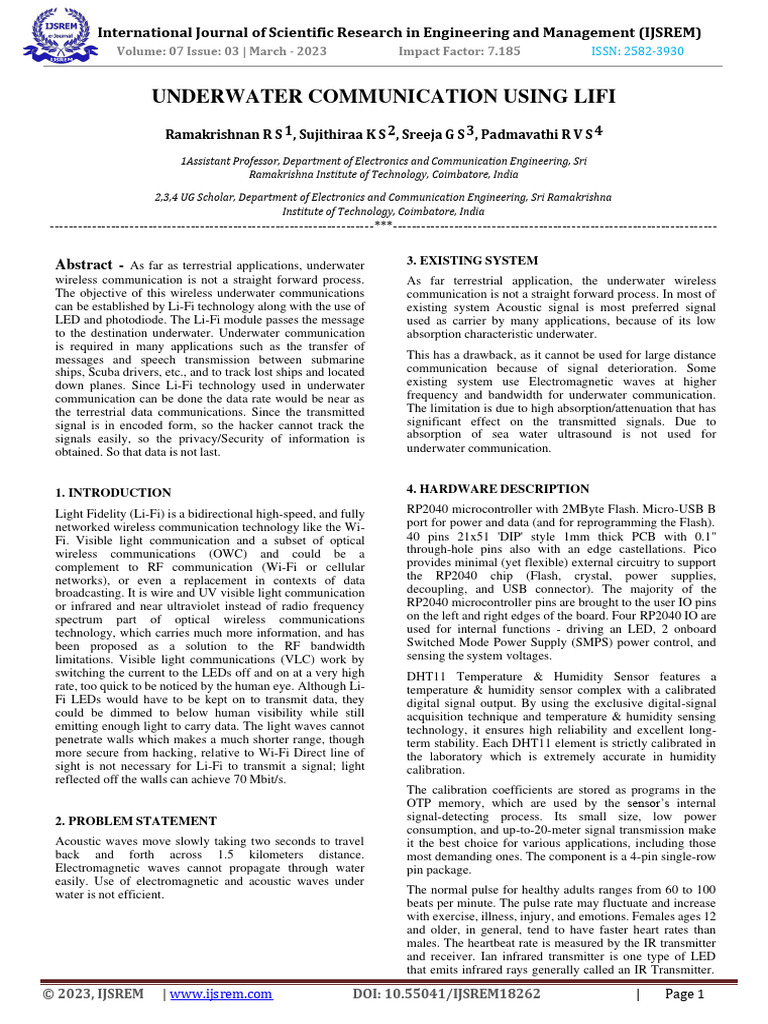 2023-Underwater Communication Using Lifi | PDF | Infrared | Amplifier