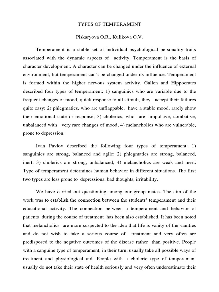 Types of Temperament | PDF | Temperament | Depression (Mood)