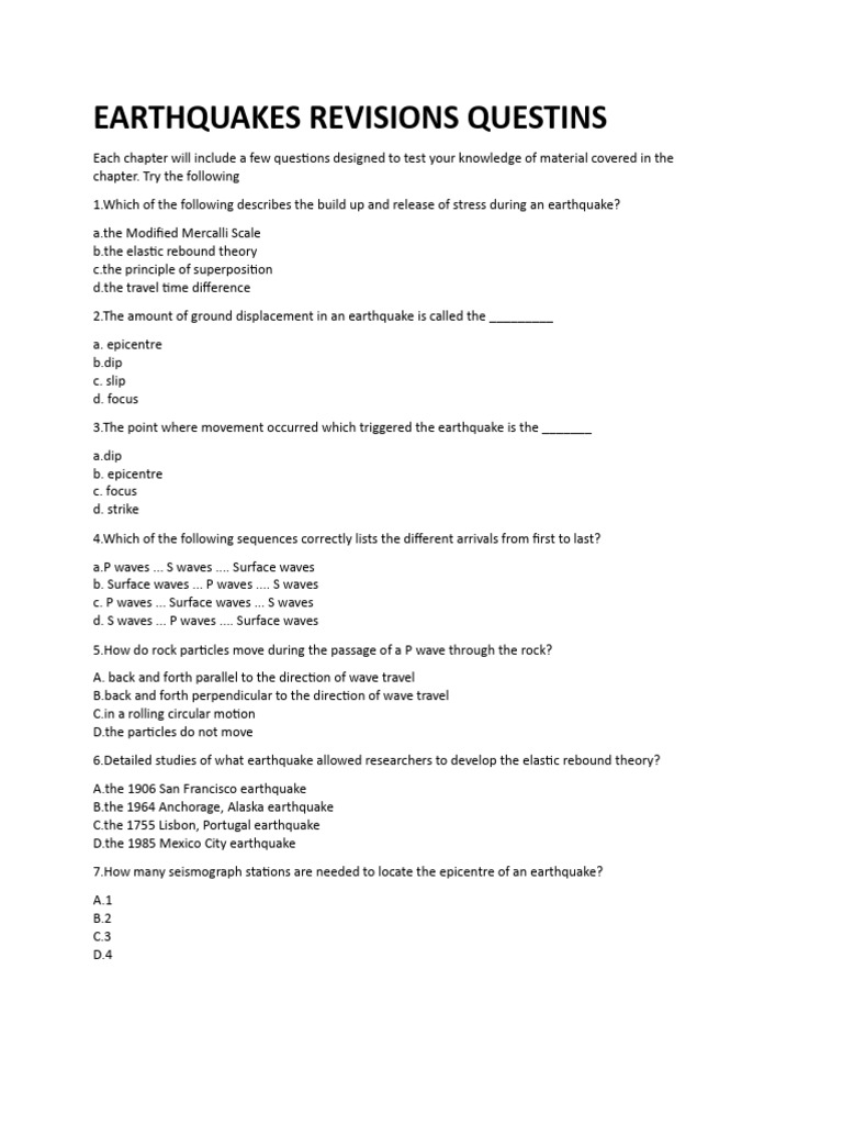 Earthquakes Revisions Questins | PDF | Earthquakes | Moment Magnitude Scale