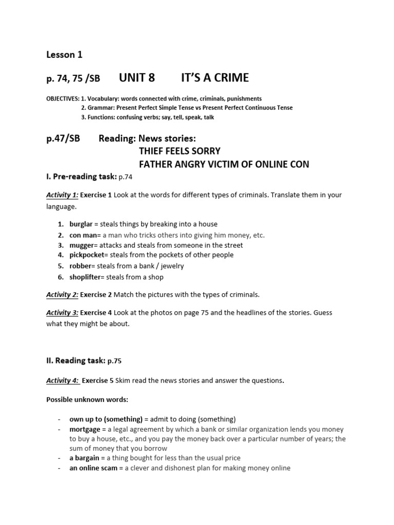 Crime Vocabulary and Reading Lesson | PDF