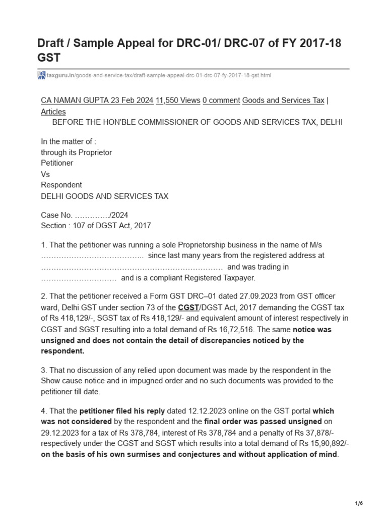 Taxguru - In-Draft Sample Appeal For DRC-01 DRC-07 of FY 2017-18 GST | PDF | Government ...