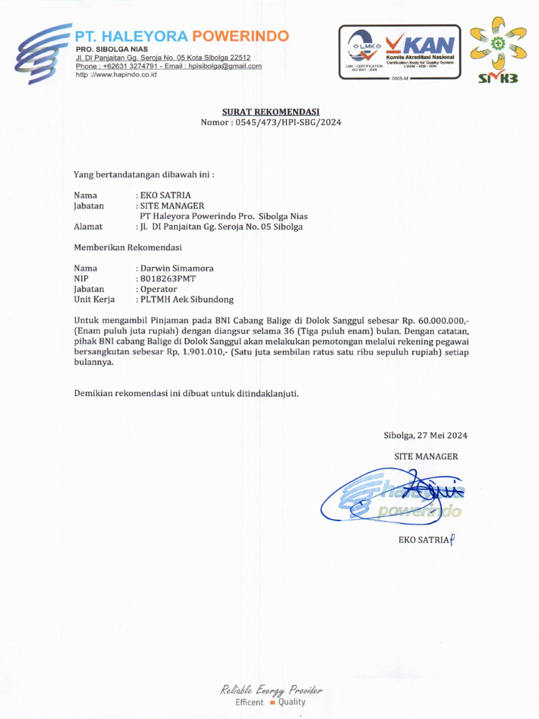 Surat Rekomendasi Darwin Simamora-1 | PDF