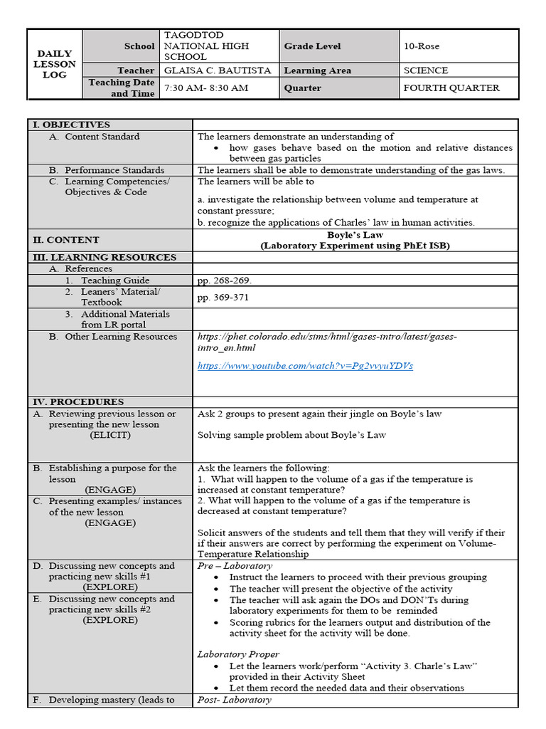 Grade 10 Science: Charles' Law Lesson | PDF | Gases | Temperature