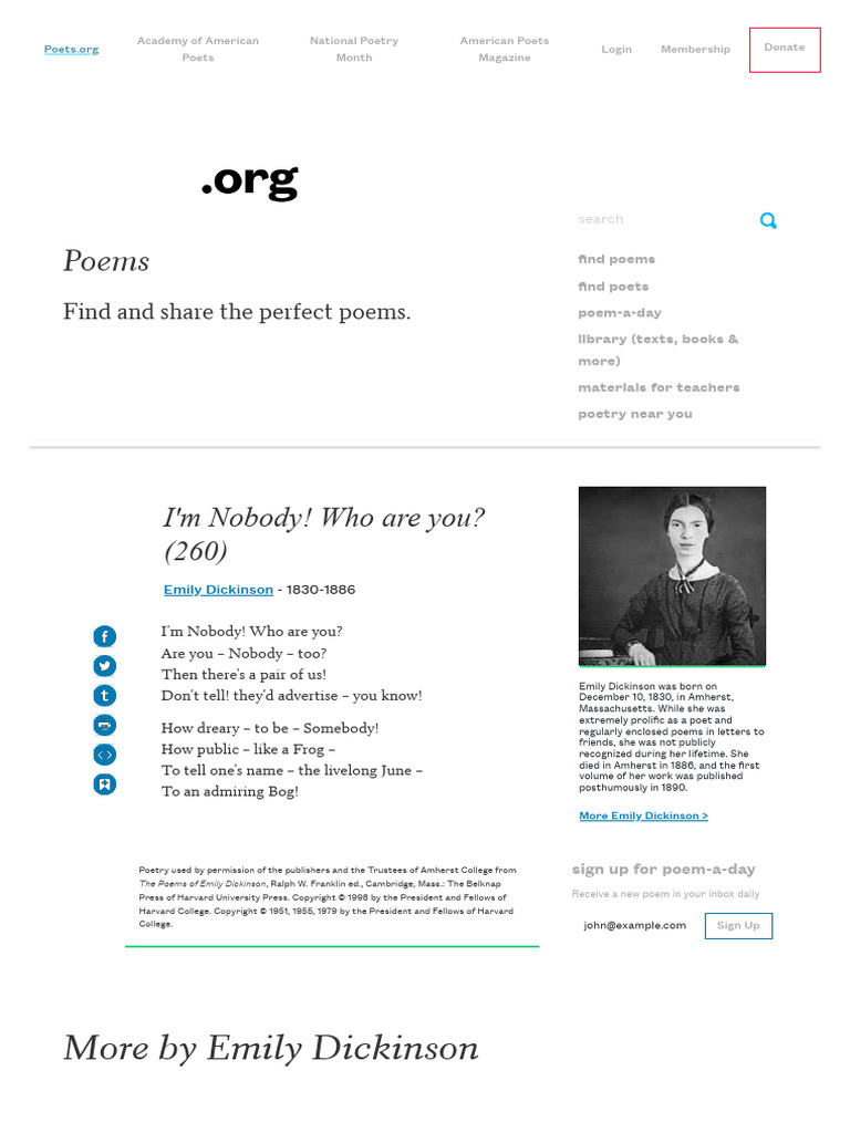 I'm Nobody! Who Are You - (260) by Emily Dickinson - Poems | PDF ...